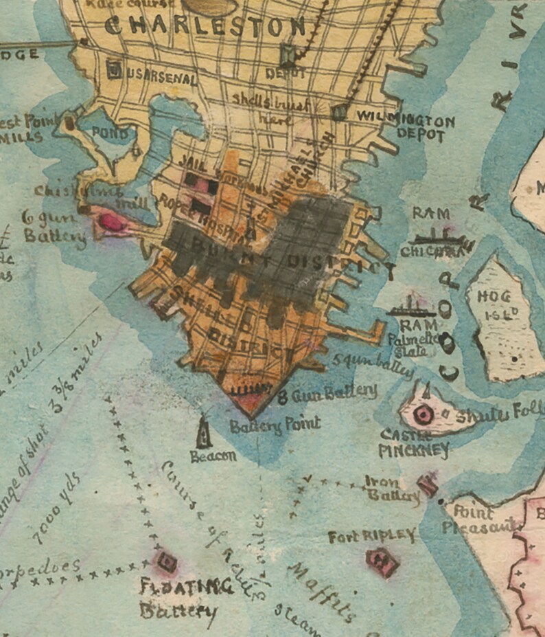 Charleston Harbor Civil War Map, Rebel Defenses, 1864 - Etsy
