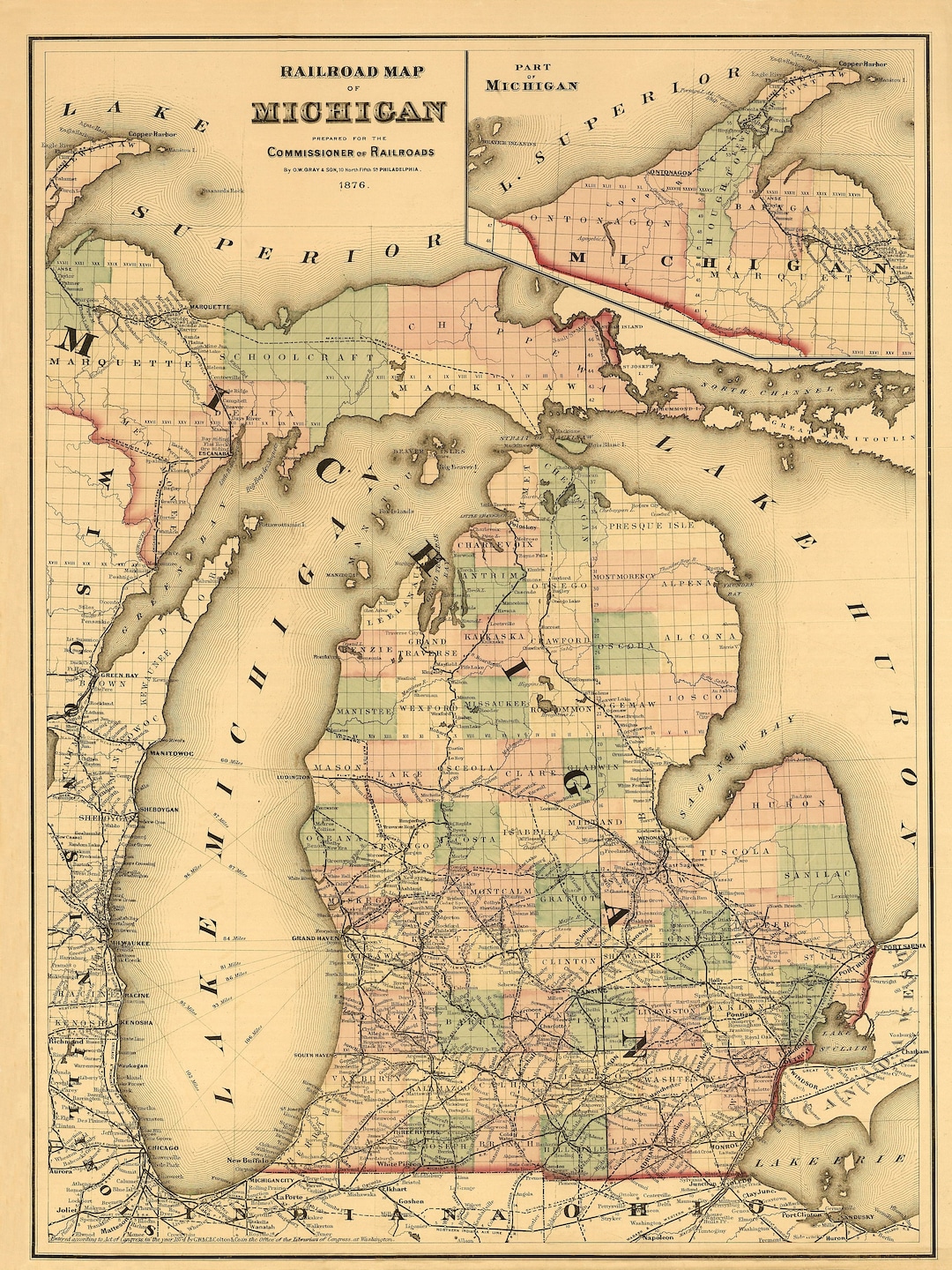 1876, Michigan, Michigan Map, Old Michigan Map, Great Lakes Map ...