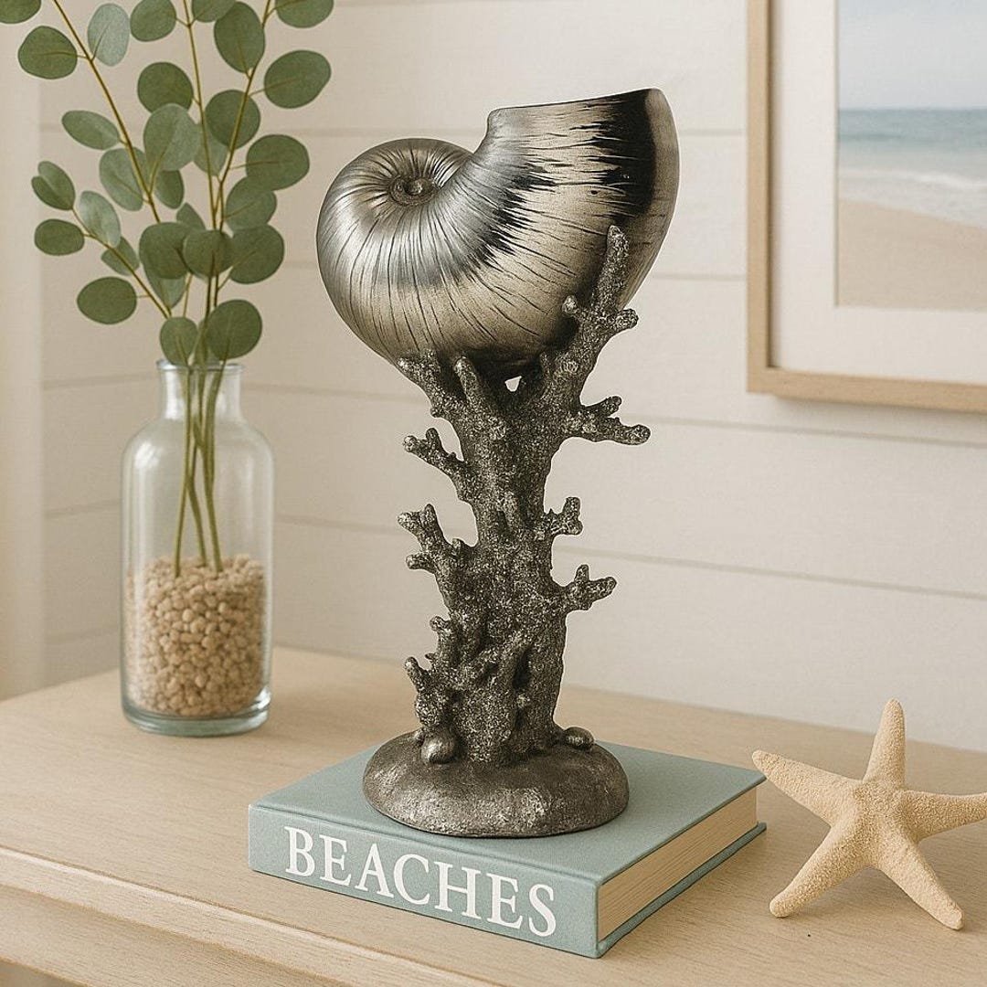 Metal Nautilus Shell Sculpture on Coral Stand Coastal Nautical Decor 15 ...