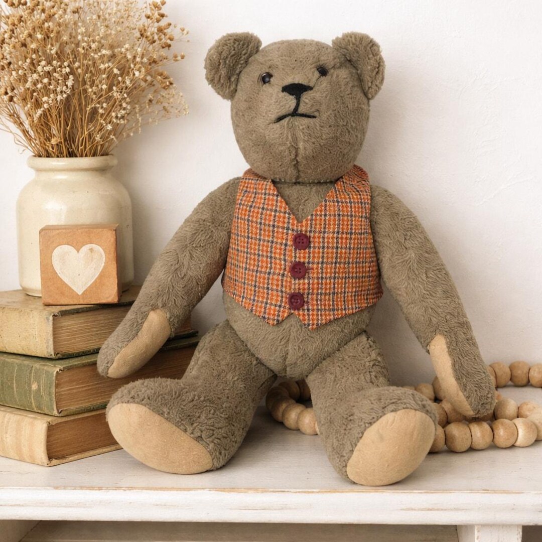 Vintage 18” Jointed Teddy Bear Plush W Plaid Vest Collectible Stuffed ...
