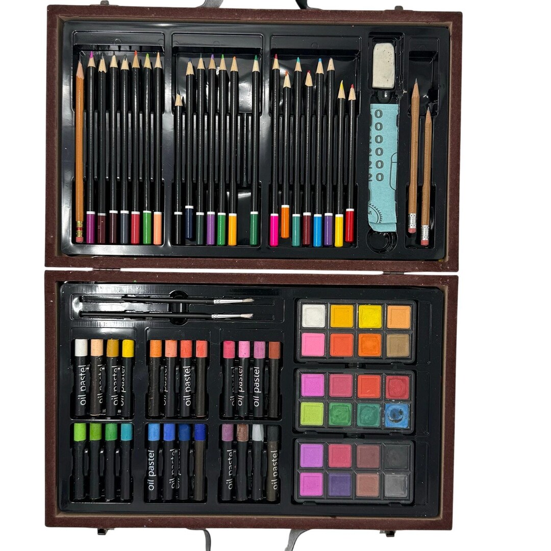 Deluxe Wooden Art Set Drawing Kit Color Pencils Oil Pastels Carry Case ...
