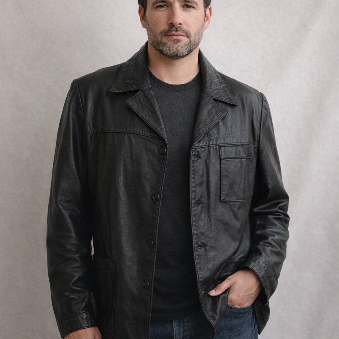 80s Echtes Leder Men’s Black Leather Jacket 42 Chest Button Front - Etsy