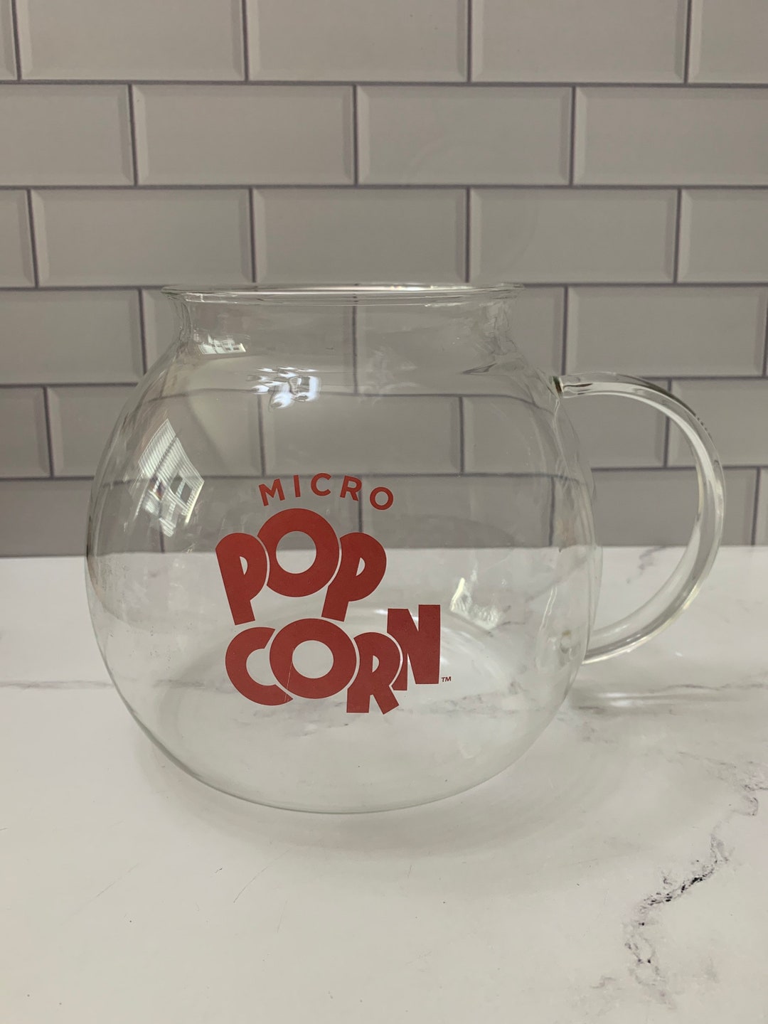 Vintage Micro Popcorn Clear Glass W/handle Popcorn Bowl Jar Holder ...