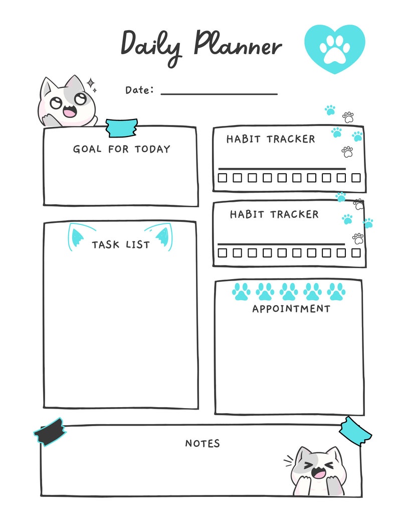 Cute Cat Kitty Daily Printable Planner You Get 10 Different Colors ...
