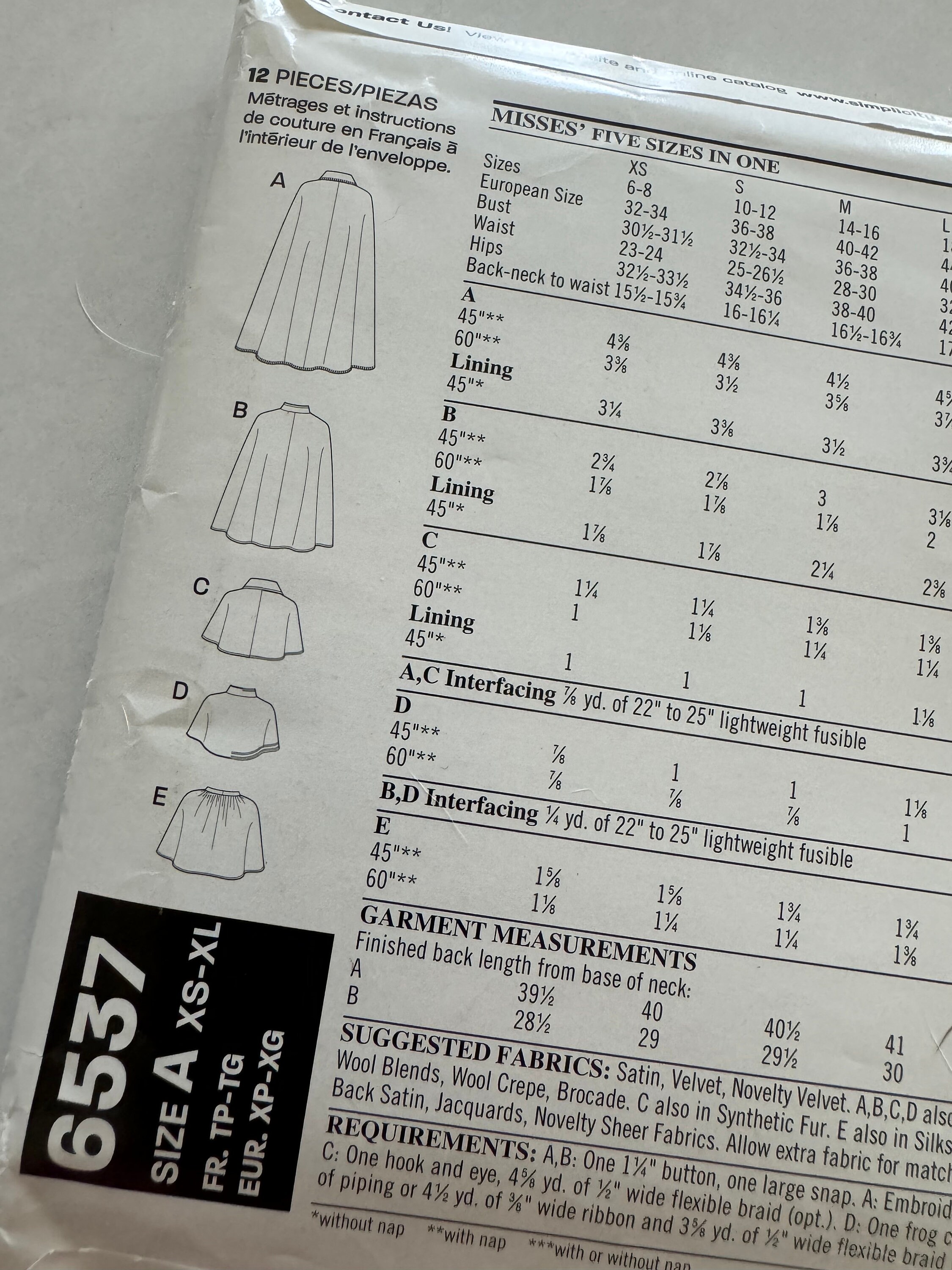 New Look Easy Sewing Pattern 6537 _ Size A: XS XL Misses Capes Cover ...