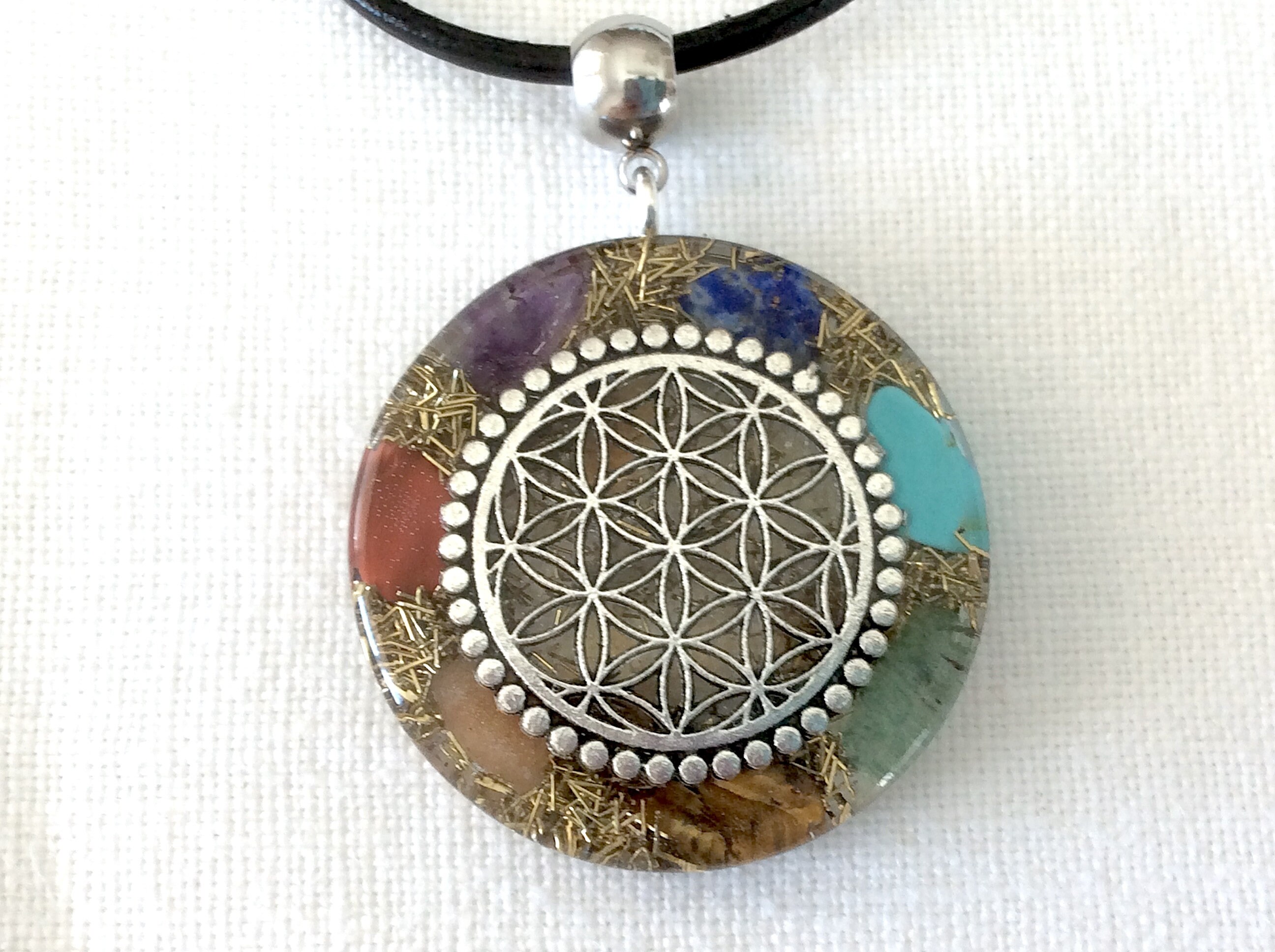 Orgone pendant necklace with silver Flower of Life and Seven | Etsy