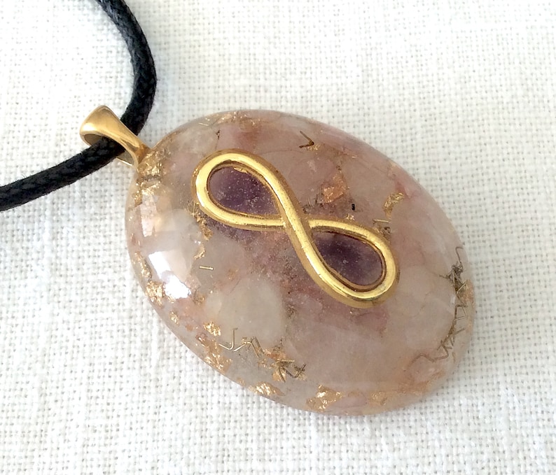 Orgone pendant necklace with golden Infinite Amethyst & Rose | Etsy