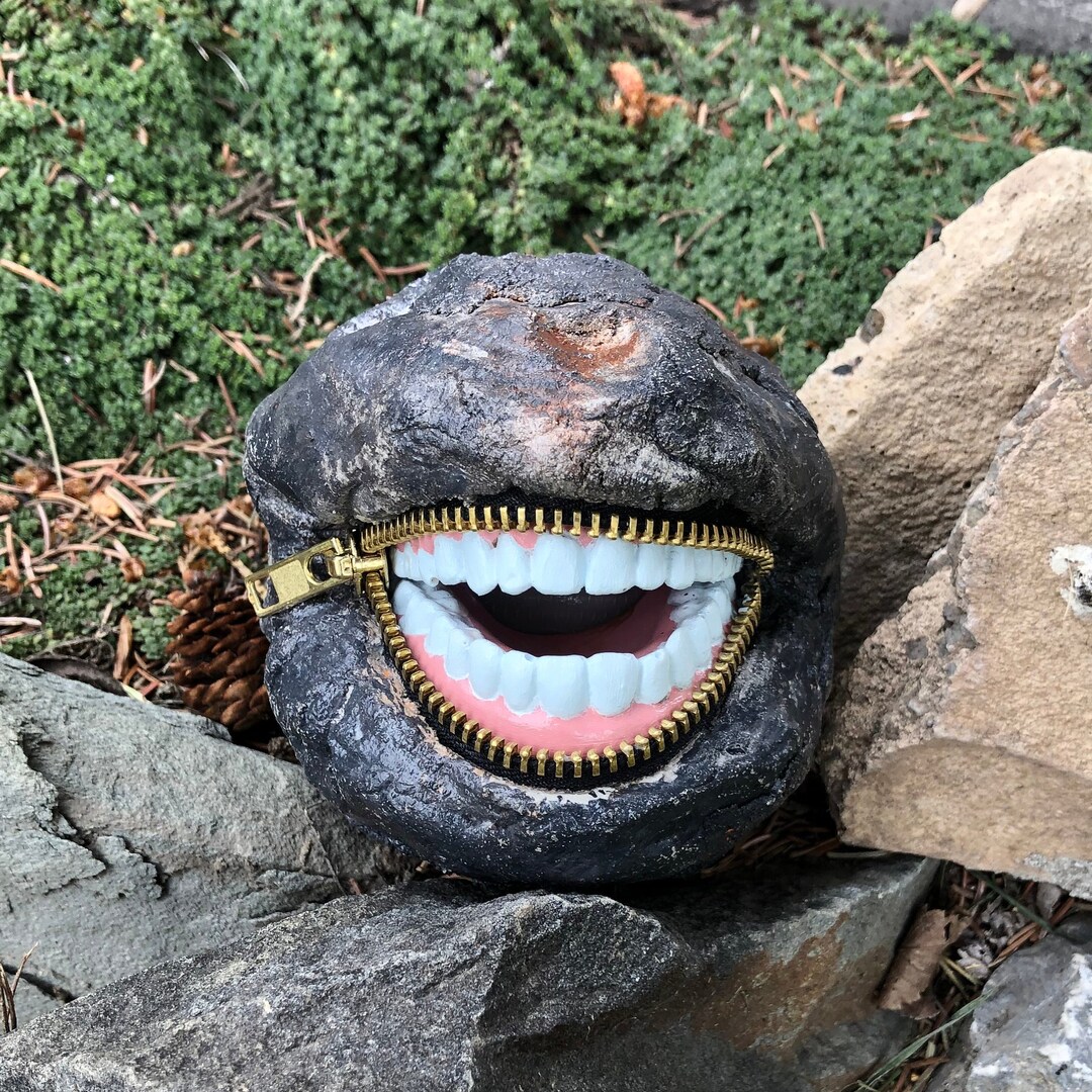 Toothy Smile Rock Sculpture: Creepy Garden Art, Brass Zipper Accent - Etsy