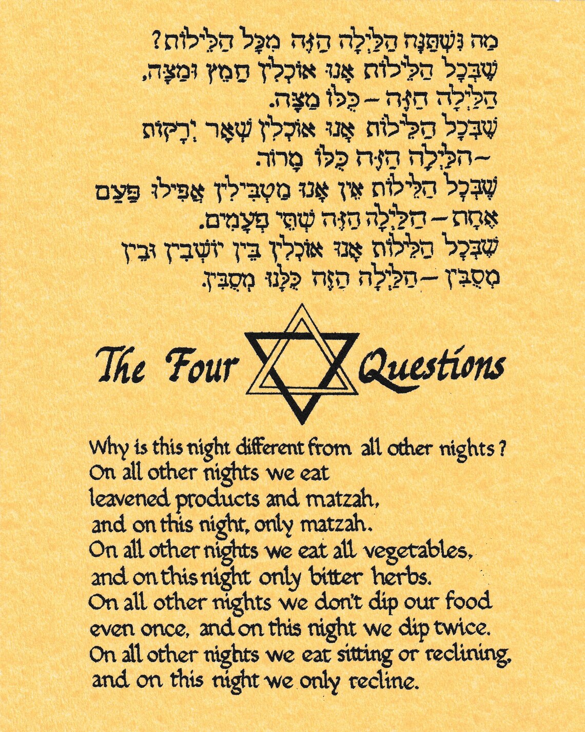 The Four Questions in Hebrew and English, (passover, Ma Nishtanah), Art ...