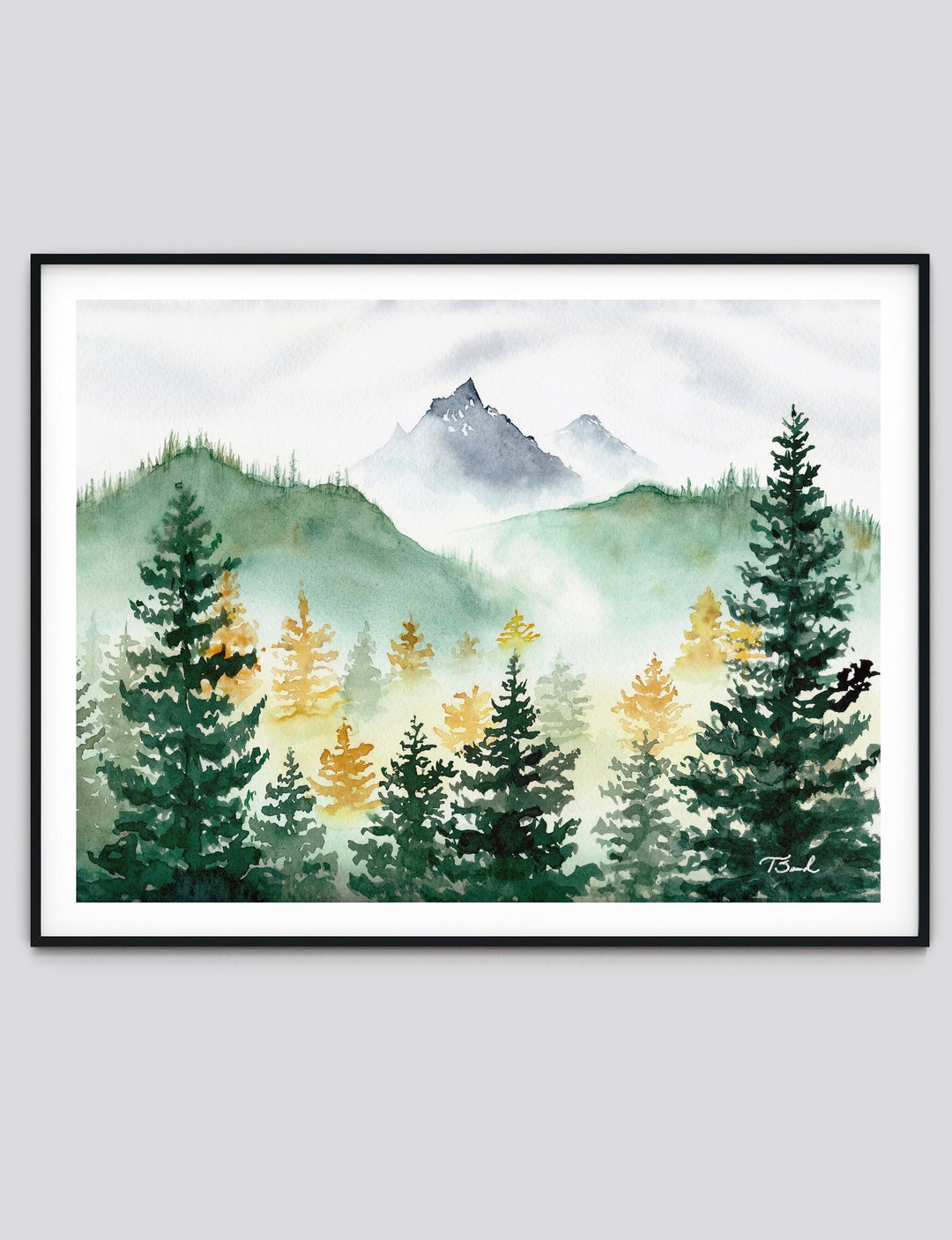 Green Golden Pine Tree Forest, Watercolour Painting by Tanya Sand ...