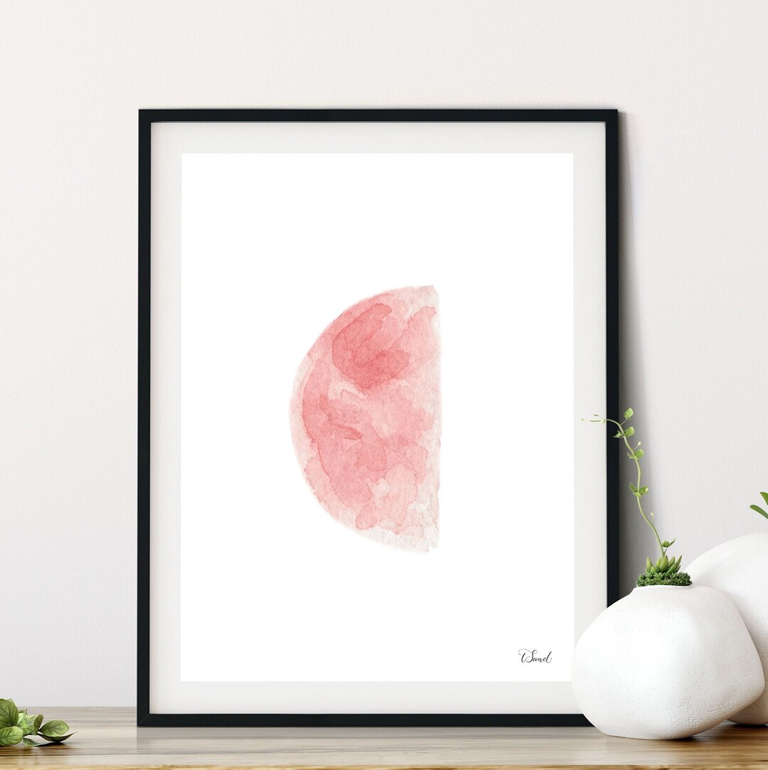 Moon Wall Art, Watercolor Painting, Pink Bedroom Decor, Third Quarter ...