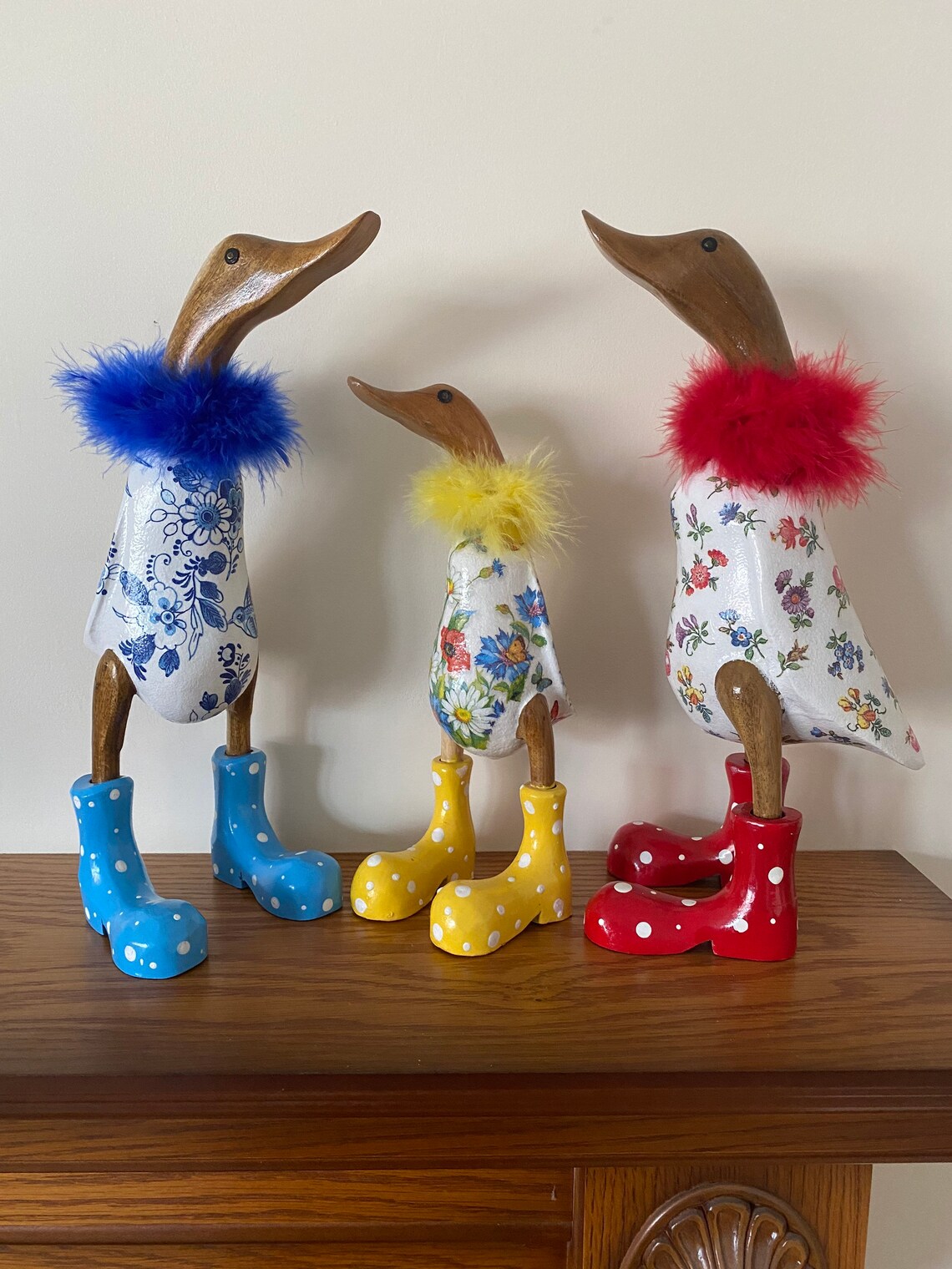 Bamboo duck in wellies wooden duck floral design red | Etsy