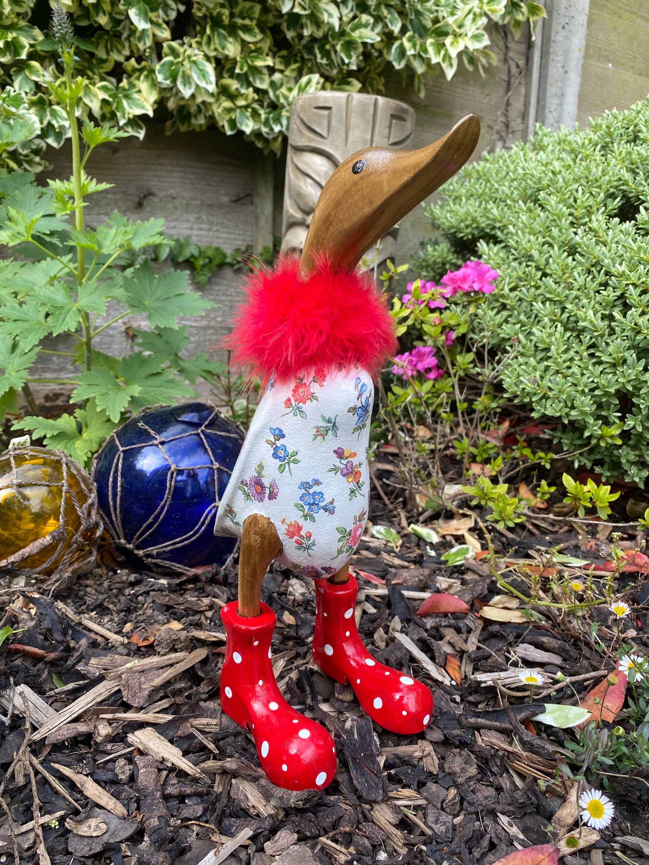 Bamboo duck in wellies wooden duck floral design red | Etsy