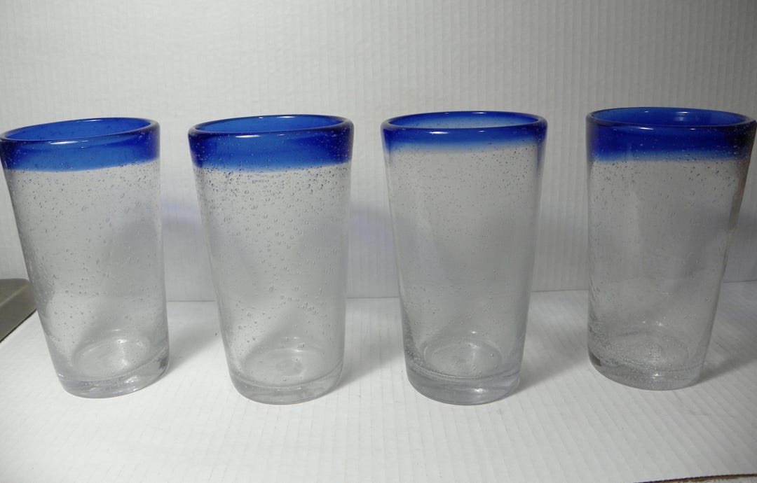Mexican Hand Blown Cobalt Blue Rimmed Glasses With Bubbles - Set of 4 ...
