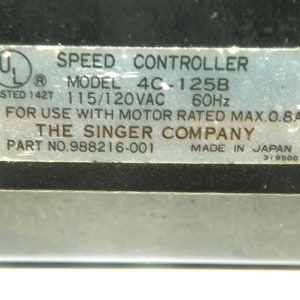 Singer Sewing Machine Speed Control Pedal Model 4c-125b, Part No ...