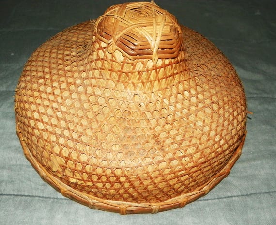Vintage Asian Conical Rice Paddy Farmers Bamboo Hat - Gem
