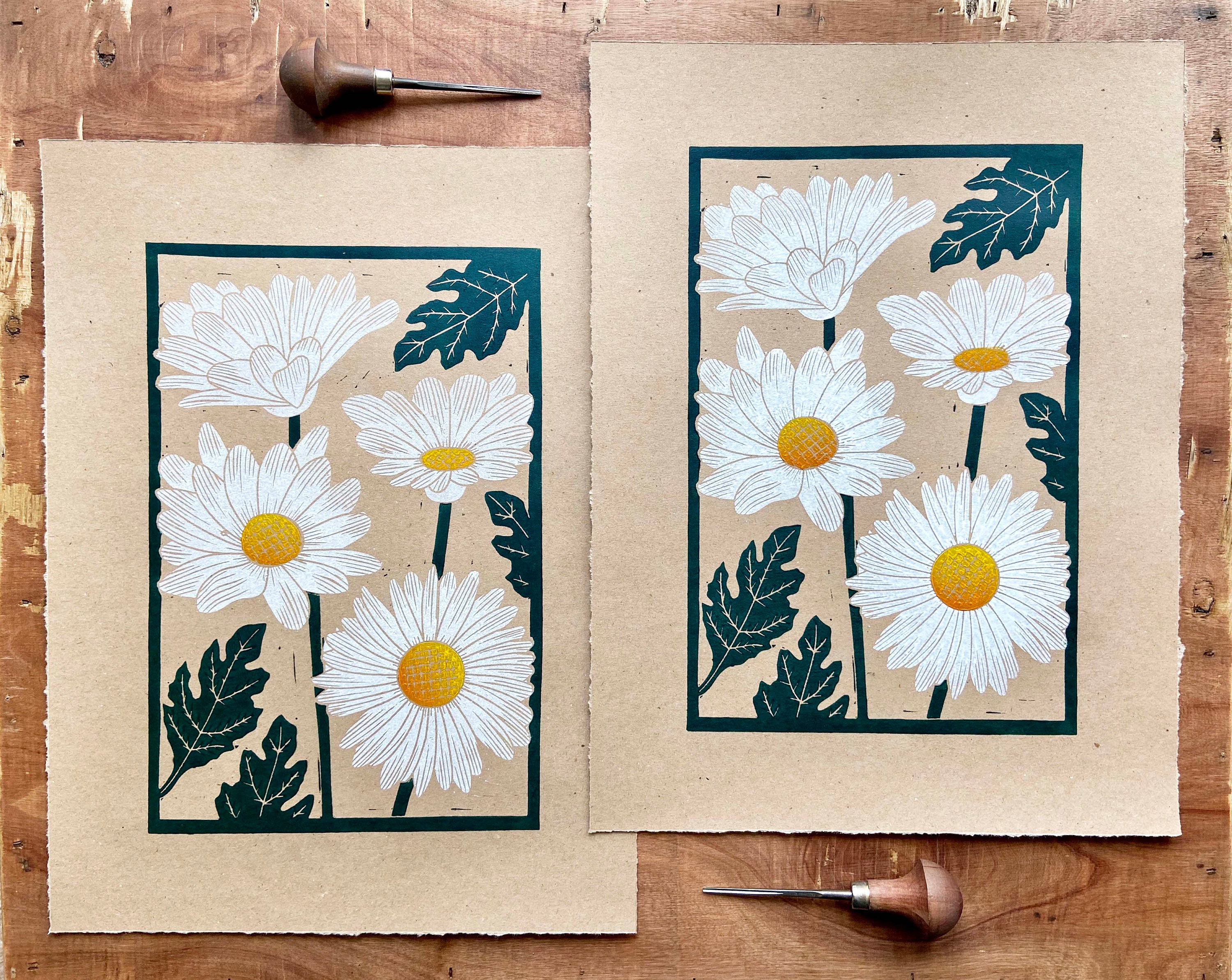A3 Daisy Linocut Print White & Yellow Floral Botanical Wall | Etsy