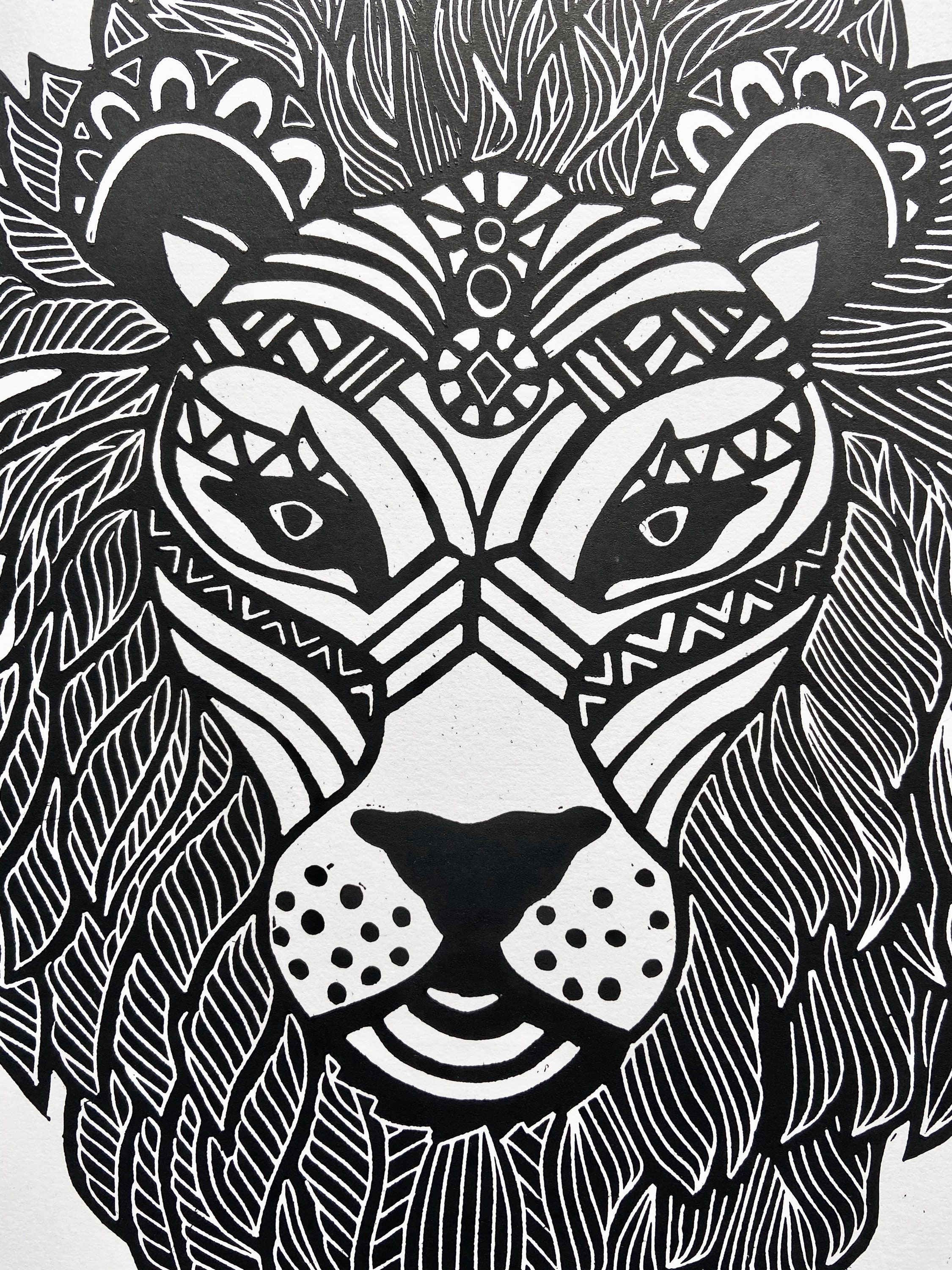 Lion Animal Linocut Print Handmade Art Print Wall Art | Etsy