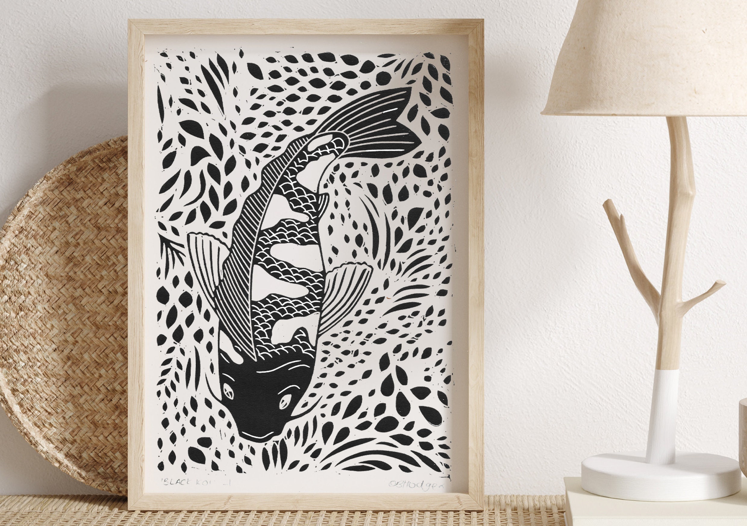 A4 Koi Linocut Print Japanese Fish Black and White Print | Etsy
