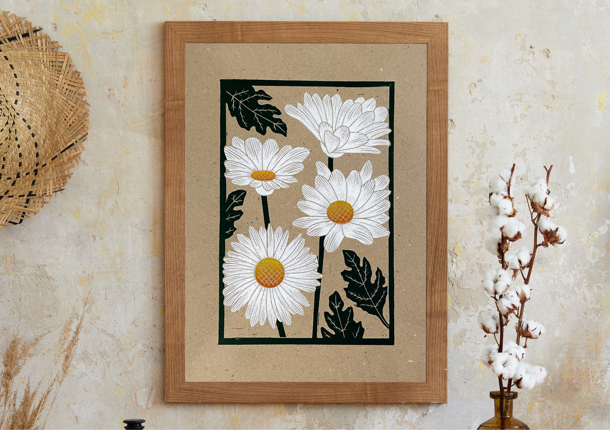 A3 Daisy Linocut Print White & Yellow Floral Botanical Wall | Etsy
