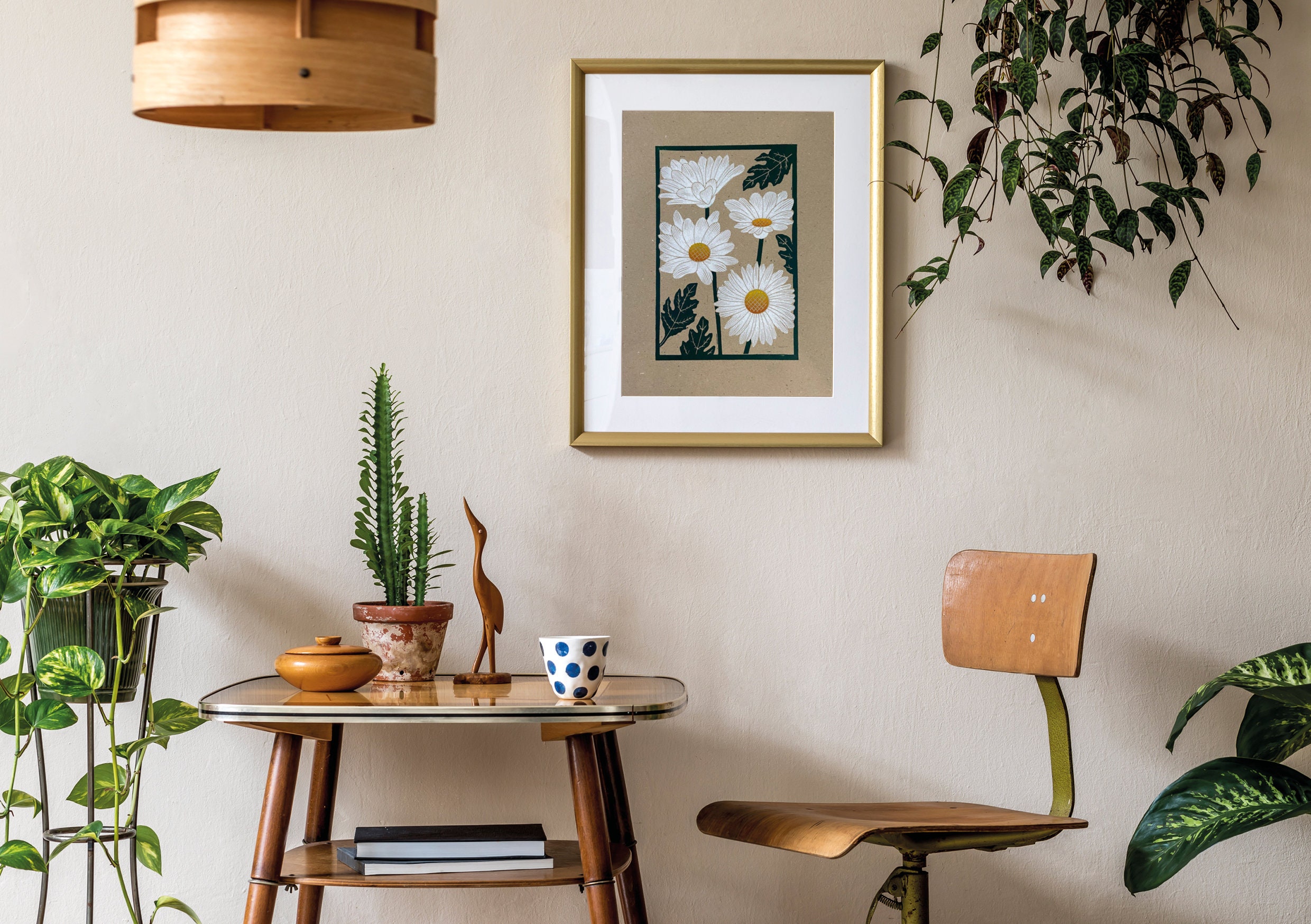 A3 Daisy Linocut Print White & Yellow Floral Botanical Wall | Etsy