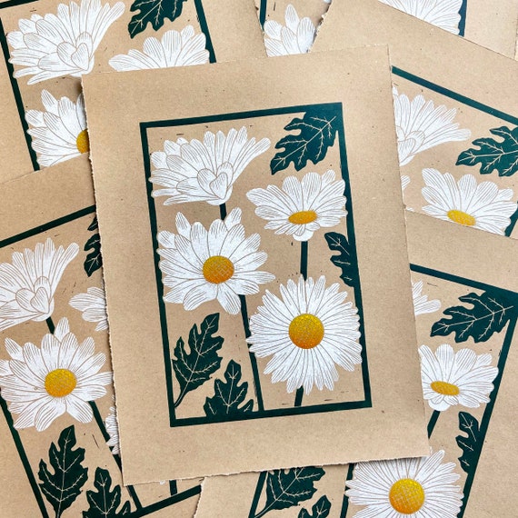 A3 Daisy Linocut Print White & Yellow Floral Botanical Wall | Etsy