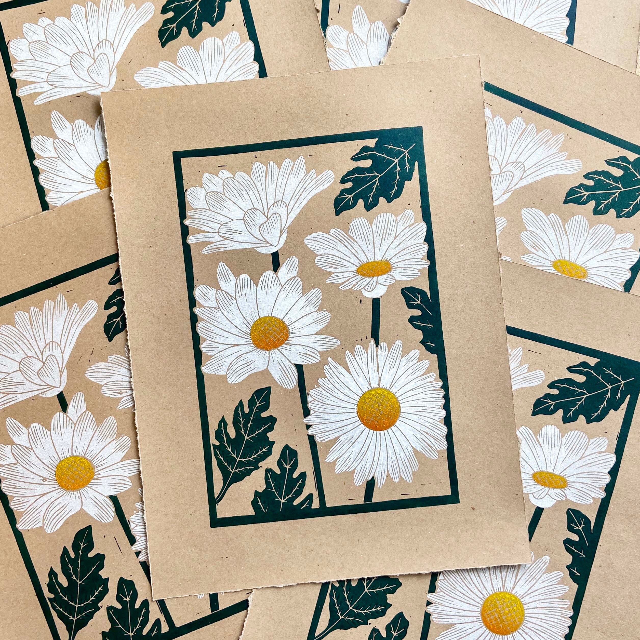 A3 Daisy Linocut Print White & Yellow Floral Botanical Wall | Etsy