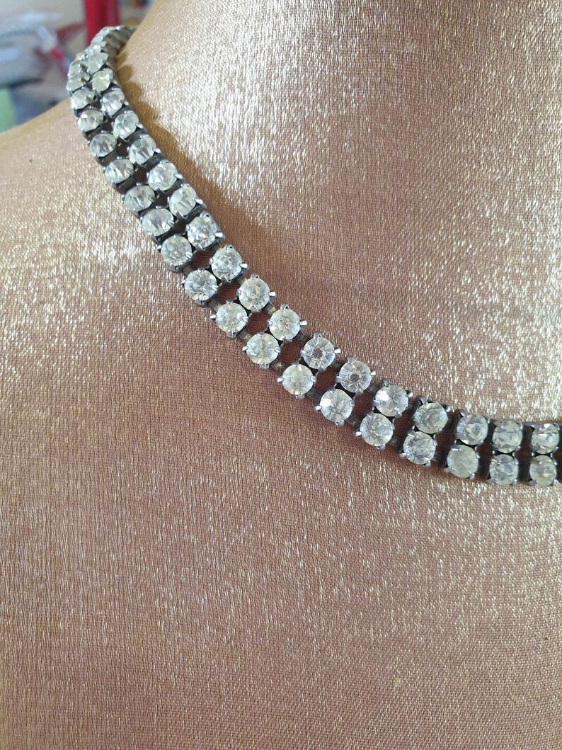 Necklace 1950s. Silvertone Adorned With 2 Rows of Faceted, Claw Set ...