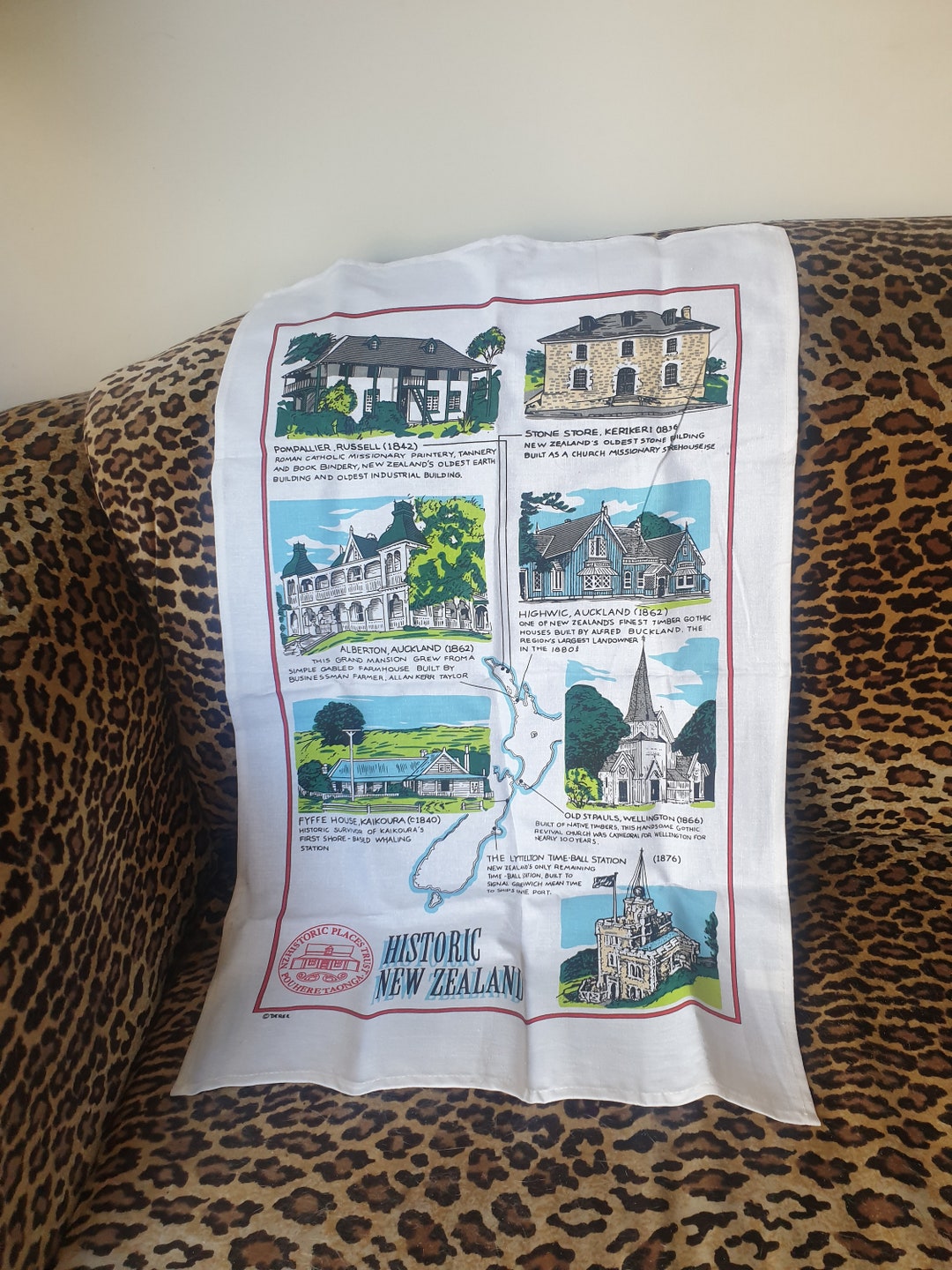 Tea Towel 1980s, Souvenir of Historic New Zealand. by Derek. Linen ...