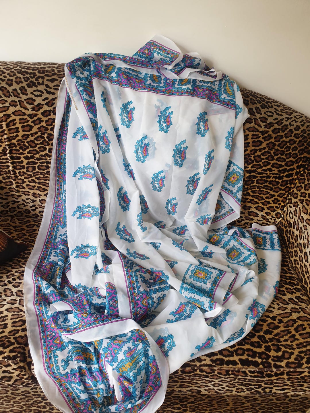 Fabric 1970s. Teijin, Nylon, Made in Japan. White With Blue Paisley ...