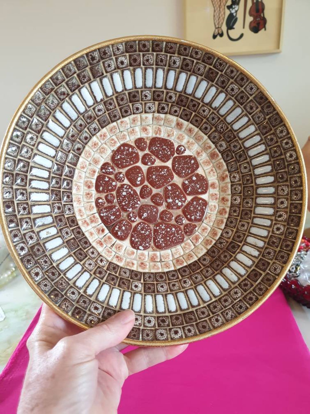Bowl 1960s, Large. Gold Bowl Adorned With Brown/white/cream Tiles in a ...
