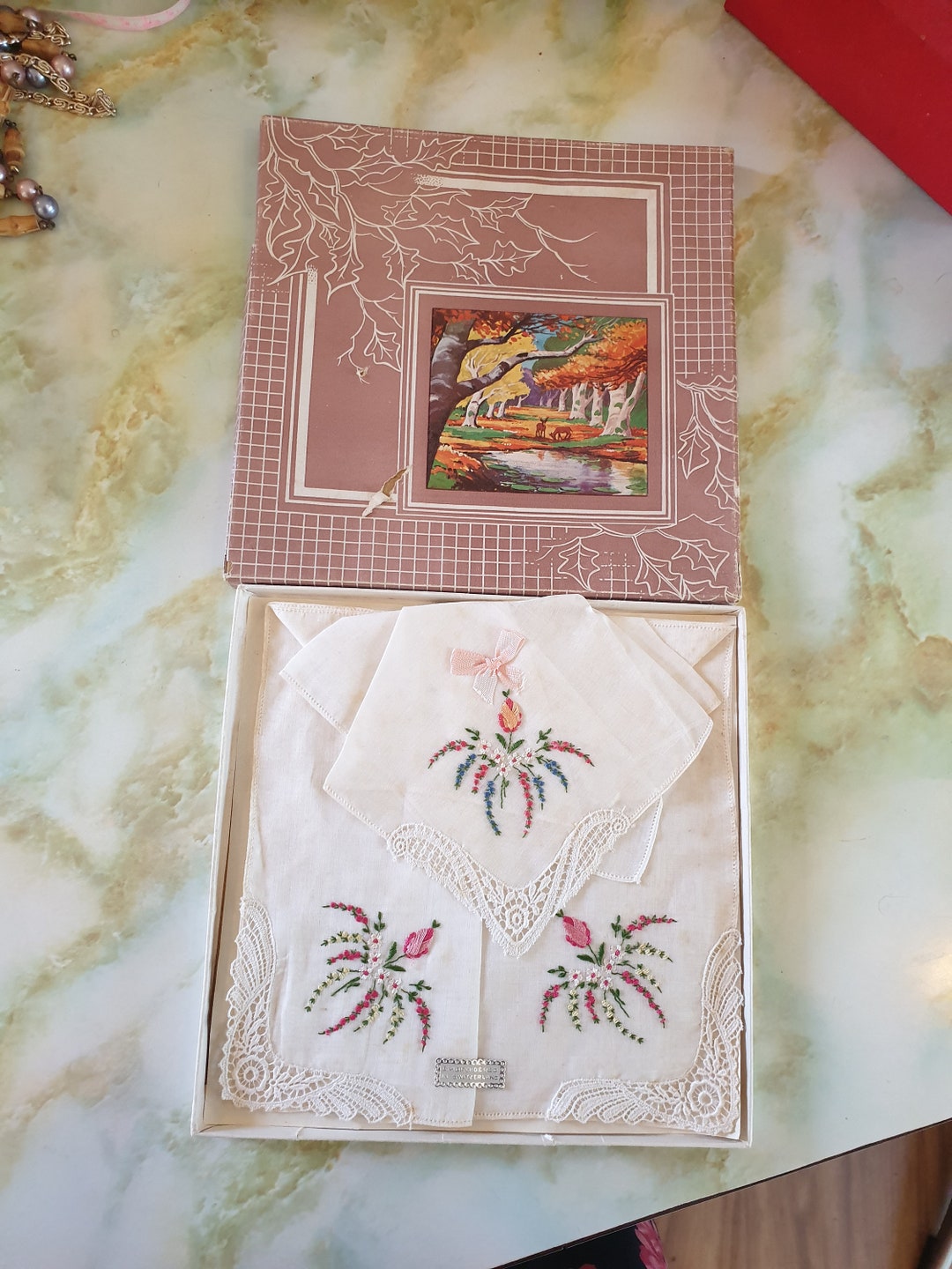 Handkerchiefs 1950s. Set of 3 in Original Box. Embroided in Switzerland ...