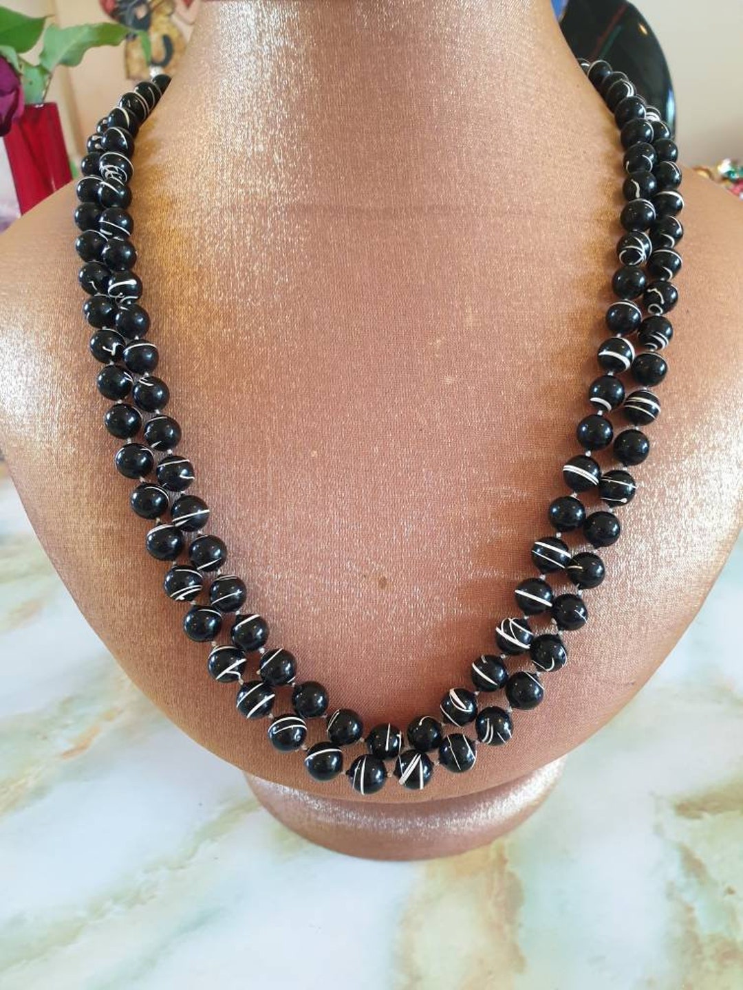 Beads 1980s Long Single Strand, Goes Around Neck Twice. Round Black ...