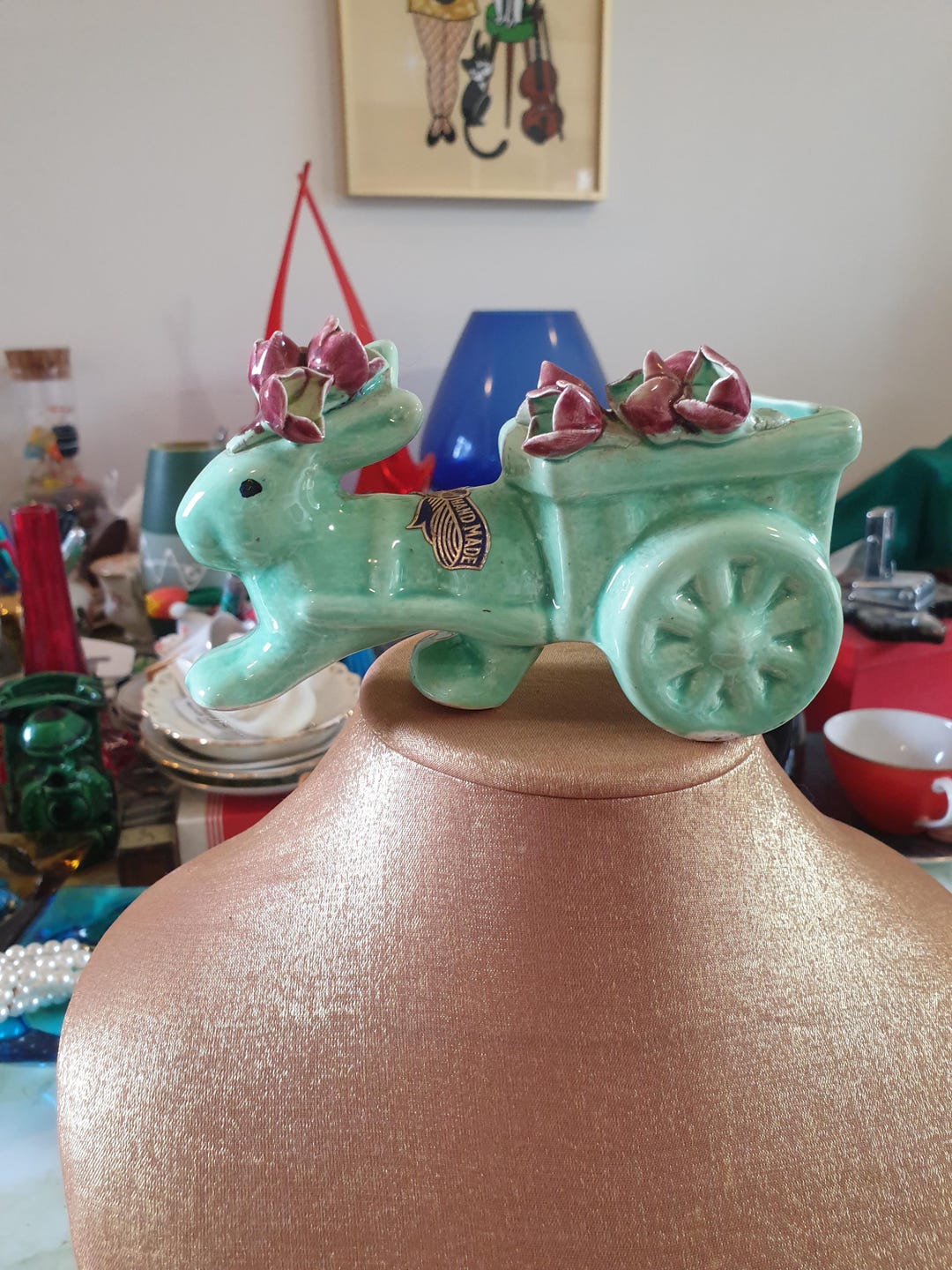 Ornament 1950s. Green Ceramic Rabbit Pulling a Cart, Adorned With ...