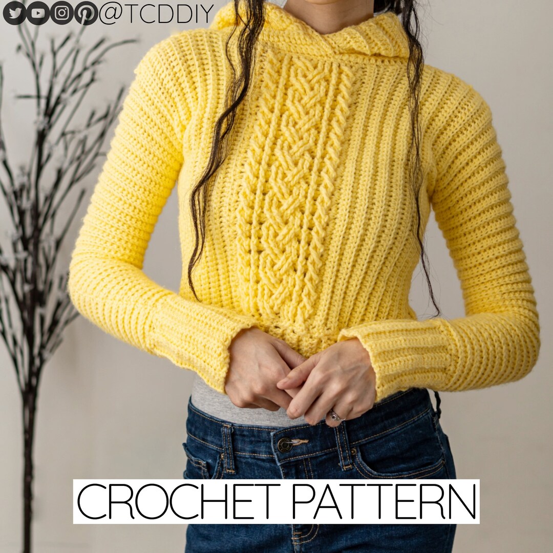 Crochet Cable Stitch Cropped Hoodie Pattern: Long Sleeve Ribbed Jumper ...
