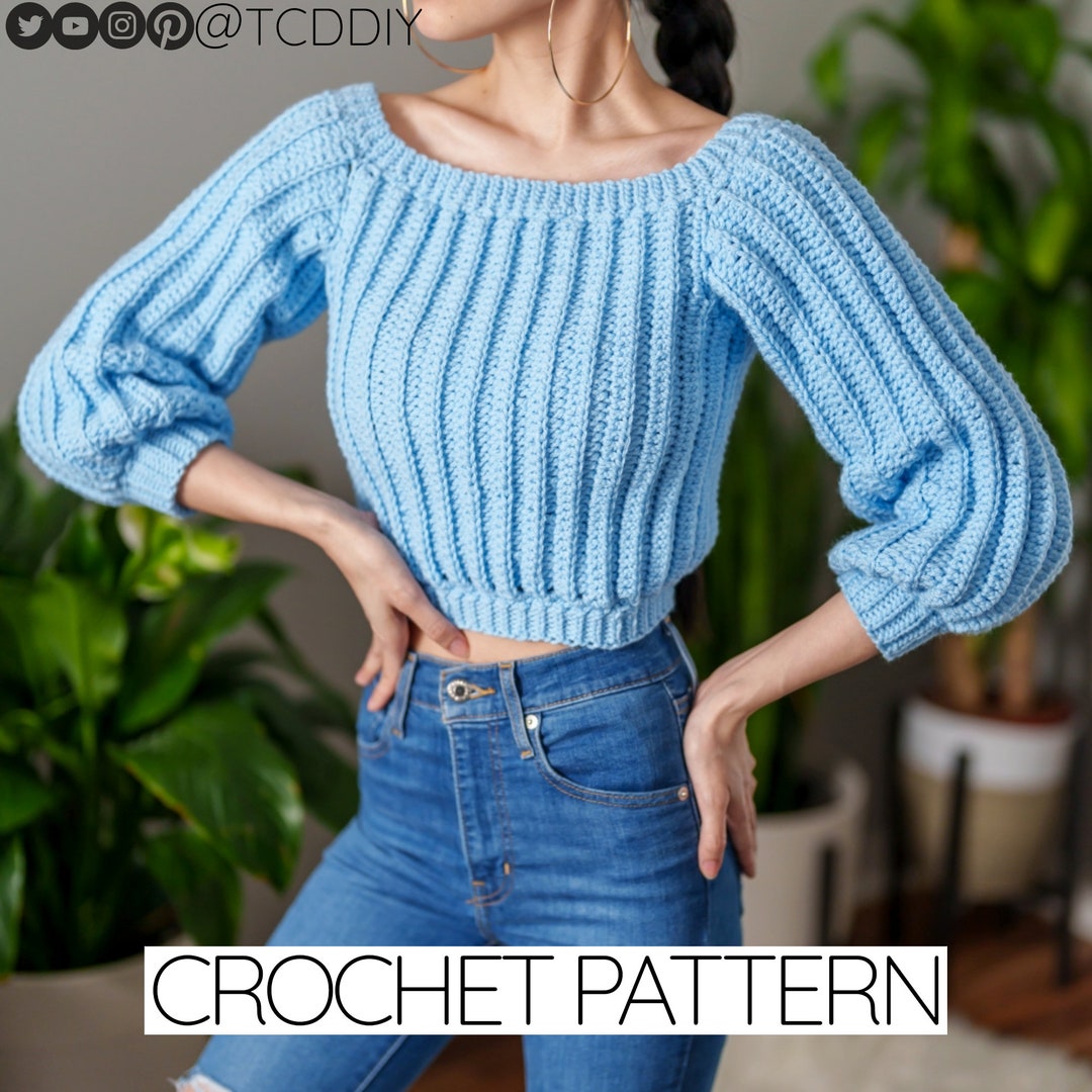 Crochet Pattern | off the Shoulder Cropped Sweater | 3/4 Sleeve Crop ...