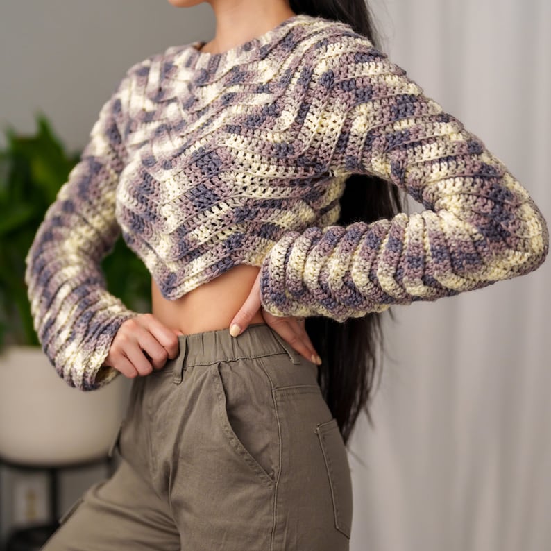 Crochet Pattern | Cropped Long Sleeve Chevron Sweater Top | Crew Neck ...