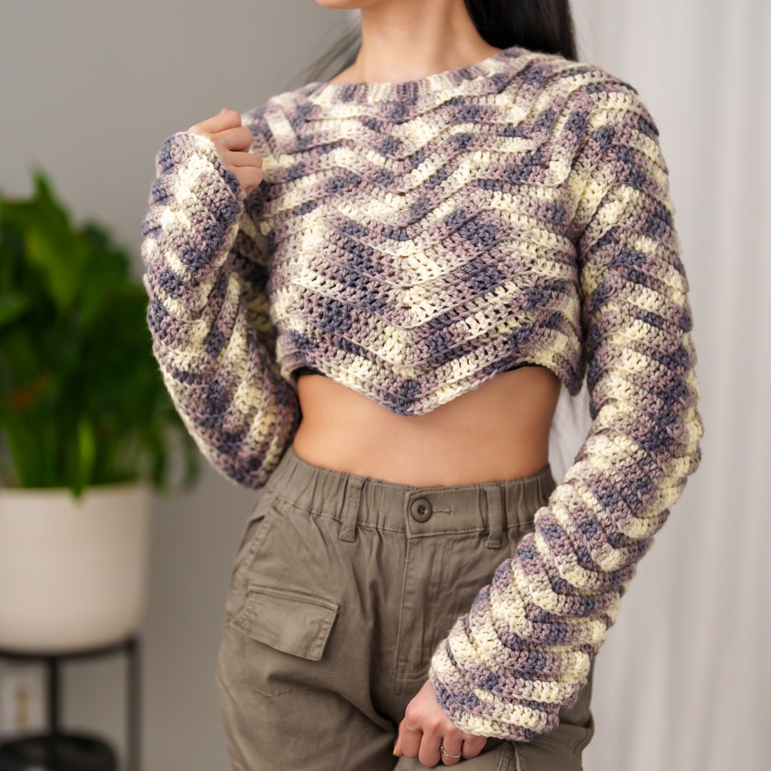 Crochet Pattern | Cropped Long Sleeve Chevron Sweater Top | Crew Neck ...