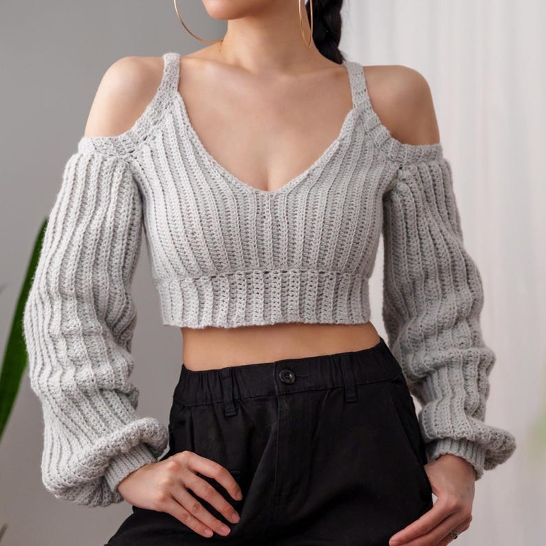 Crochet Pattern | Cold Shoulder Cropped Balloon Sleeve Sweater | Jumper ...