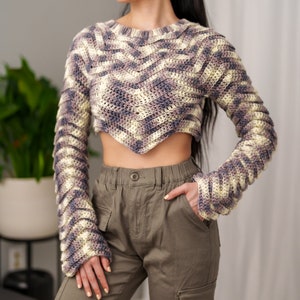 Crochet Pattern | Cropped Long Sleeve Chevron Sweater Top | Crew Neck ...