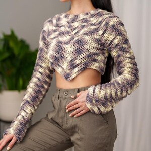 Crochet Pattern | Cropped Long Sleeve Chevron Sweater Top | Crew Neck ...