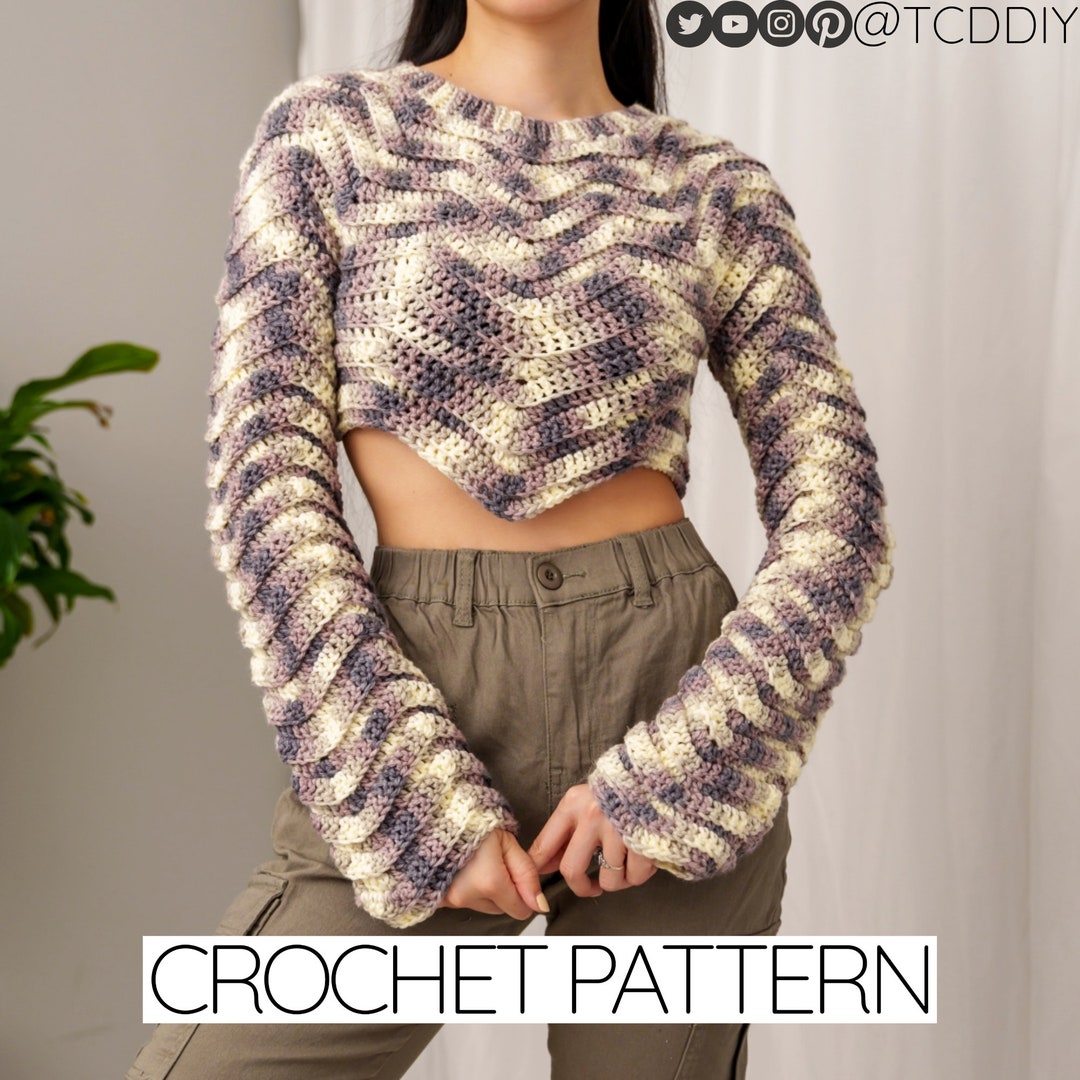 Crochet Pattern | Cropped Long Sleeve Chevron Sweater Top | Crew Neck ...