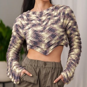 Crochet Pattern | Cropped Long Sleeve Chevron Sweater Top | Crew Neck ...