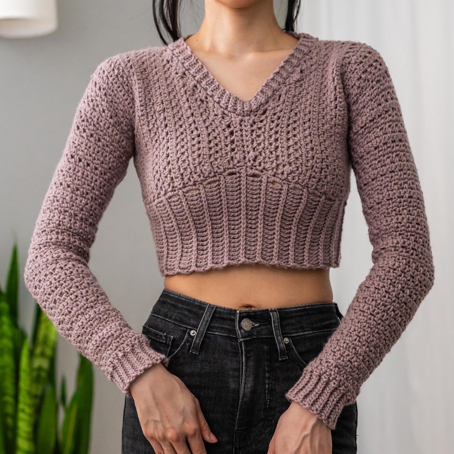 Crochet Pattern | Cropped V-neck Sweater | Long Sleeve Crop Top Jumper ...