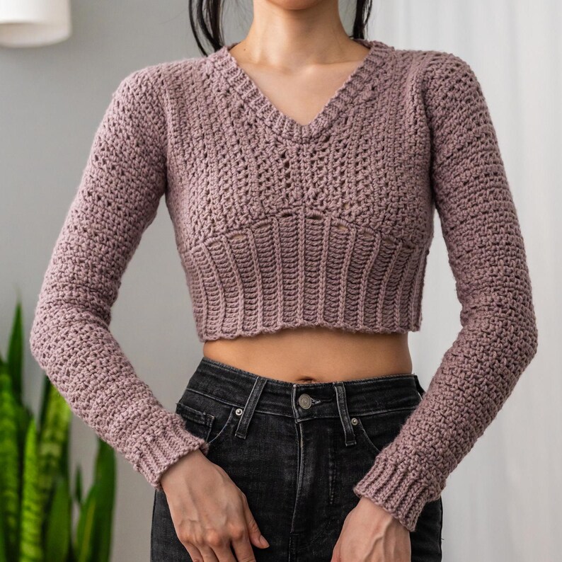 Crochet Pattern | Cropped V-neck Sweater | Long Sleeve Crop Top Jumper ...