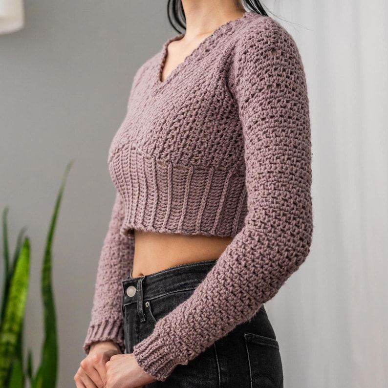 Crochet Pattern | Cropped V-neck Sweater | Long Sleeve Crop Top Jumper ...