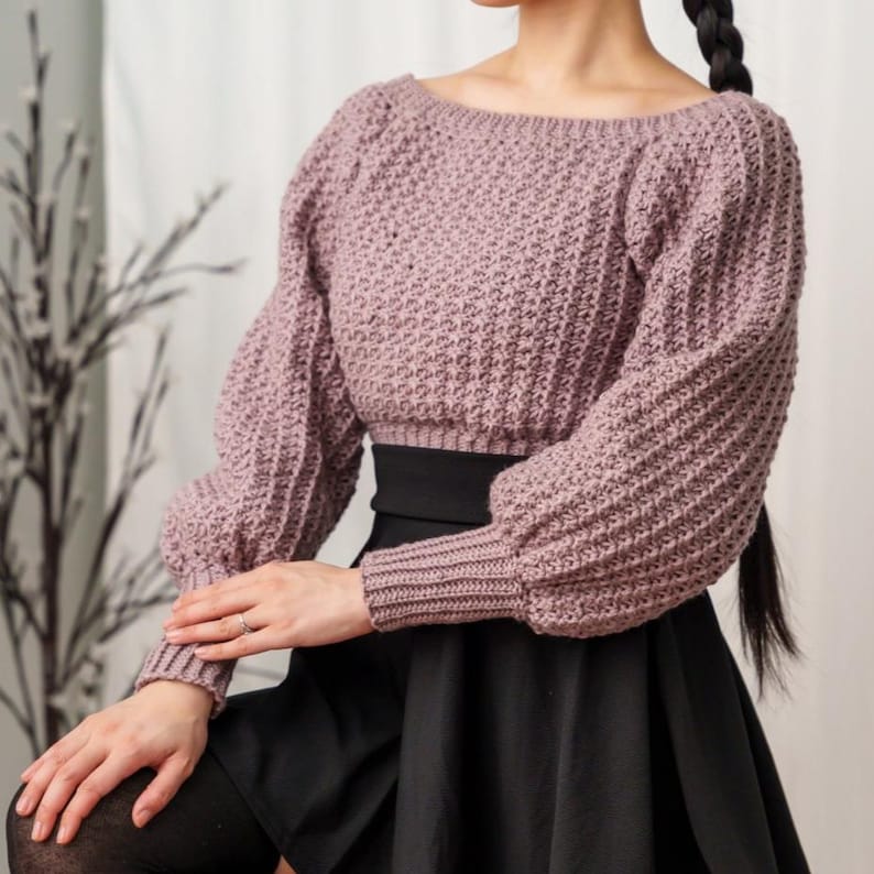Crochet Pattern | Cropped Boat Neck Balloon Sleeve Sweater | Trinity ...