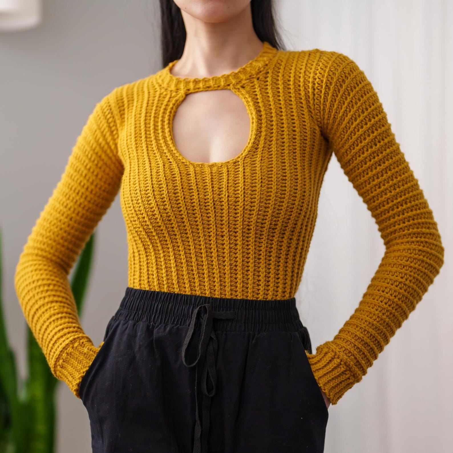 Crochet Pattern | Long Sleeve Chest Cut Out Sweater | Crewneck Top ...