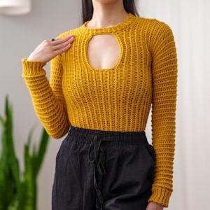 Crochet Pattern | Long Sleeve Chest Cut Out Sweater | Crewneck Top ...