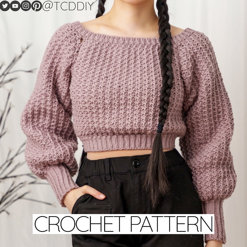 Crochet Pattern | Cropped Boat Neck Balloon Sleeve Sweater | Trinity ...